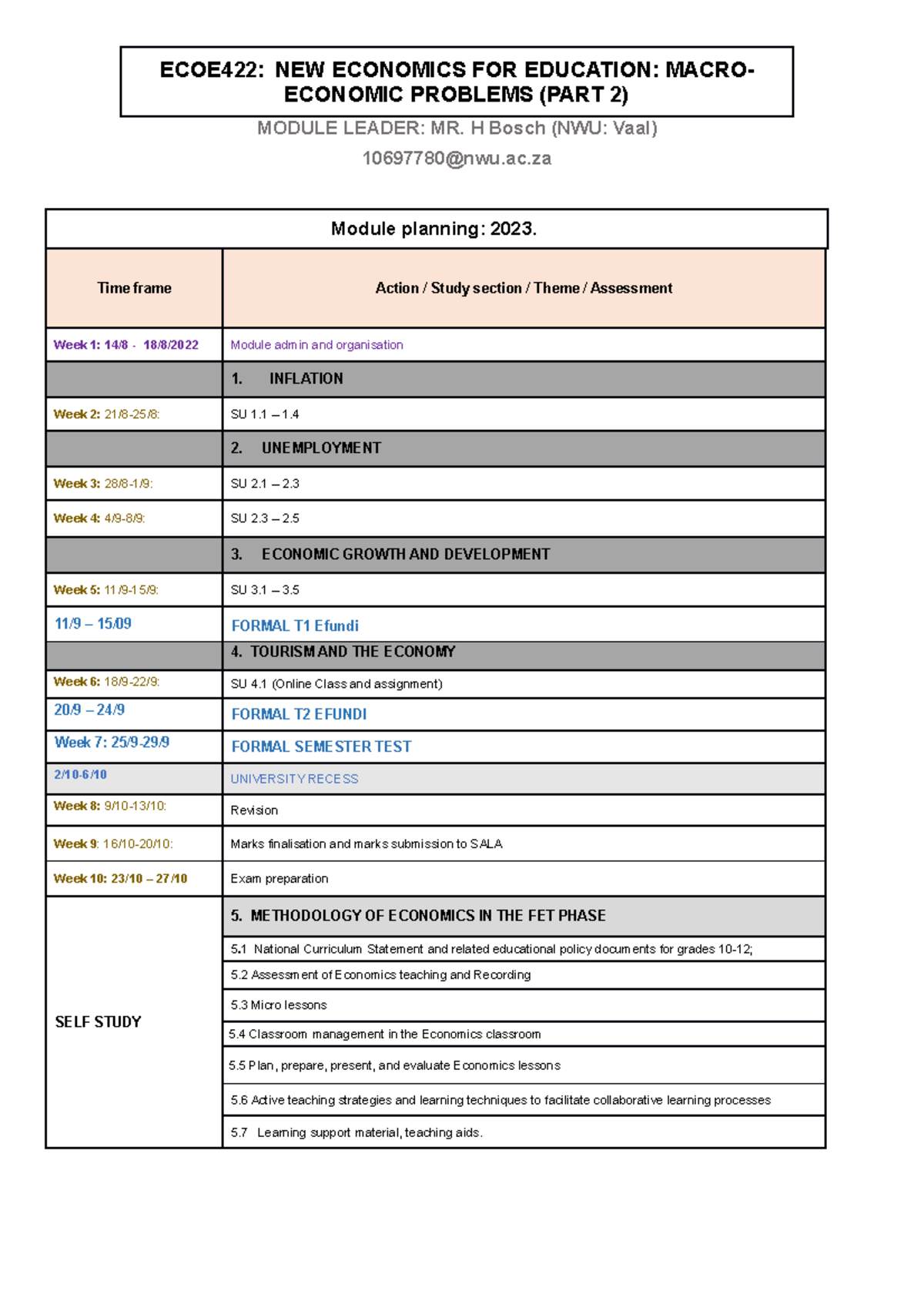 Proposed Module planning ECOE422 2023 - MODULE LEADER: MR. H Bosch (NWU ...