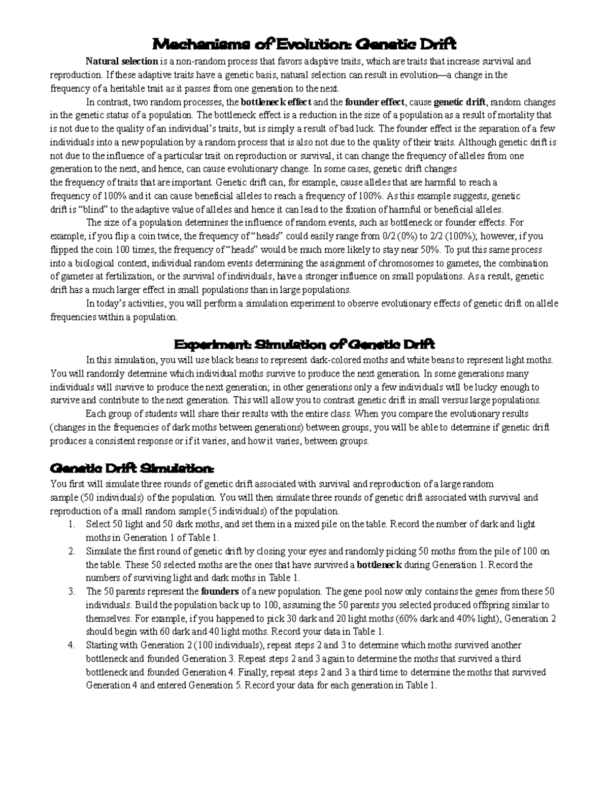 Genetic drift activity - Mechanisms of Evolution: Genetic Drift Natural ...