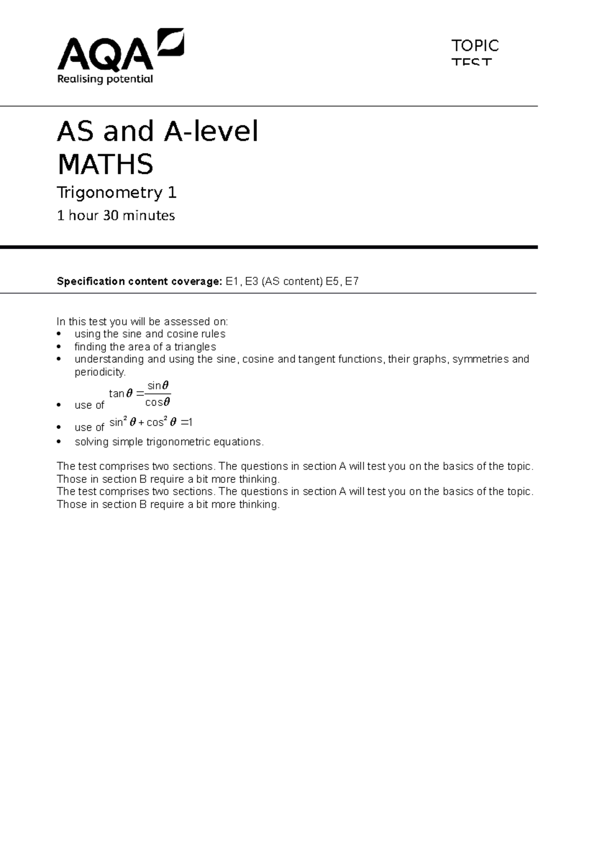 Trigonometry Topic Test - AS and A-level MATHS Trigonometry 1 1 hour 30 ...