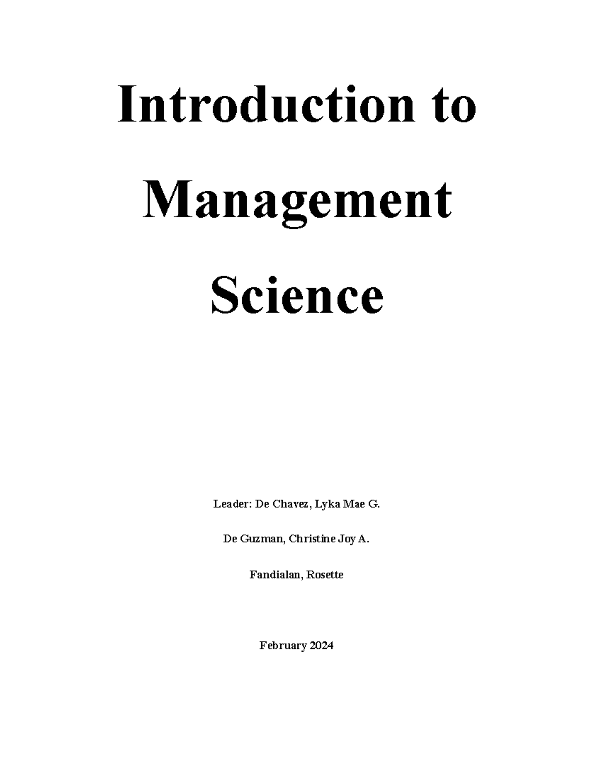 Management Science Group I - Introduction to Management Science Leader ...