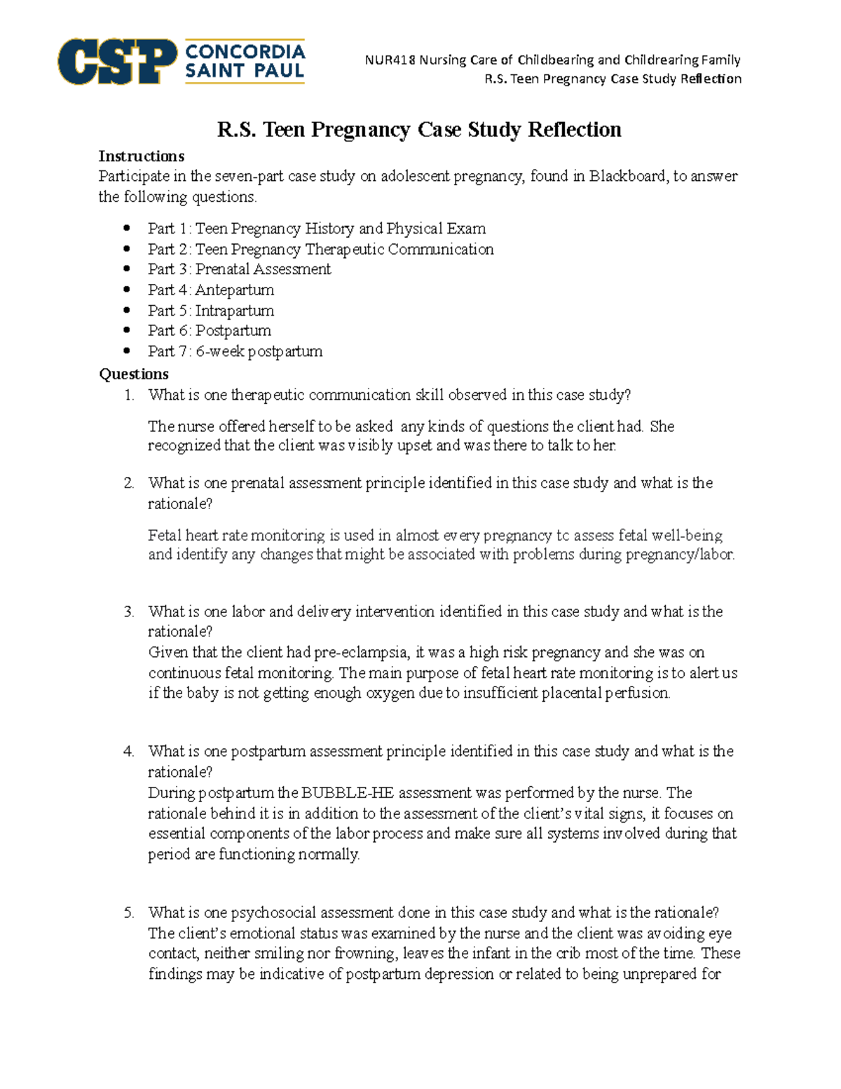 Teen reflection - NUR418 Nursing Care of Childbearing and Childrearing ...