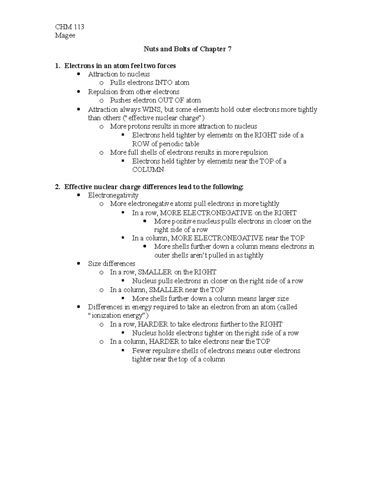 Nuts and Bolts of Chapter 7 - CHM 113 Magee Nuts and Bolts of Chapter 7 ...