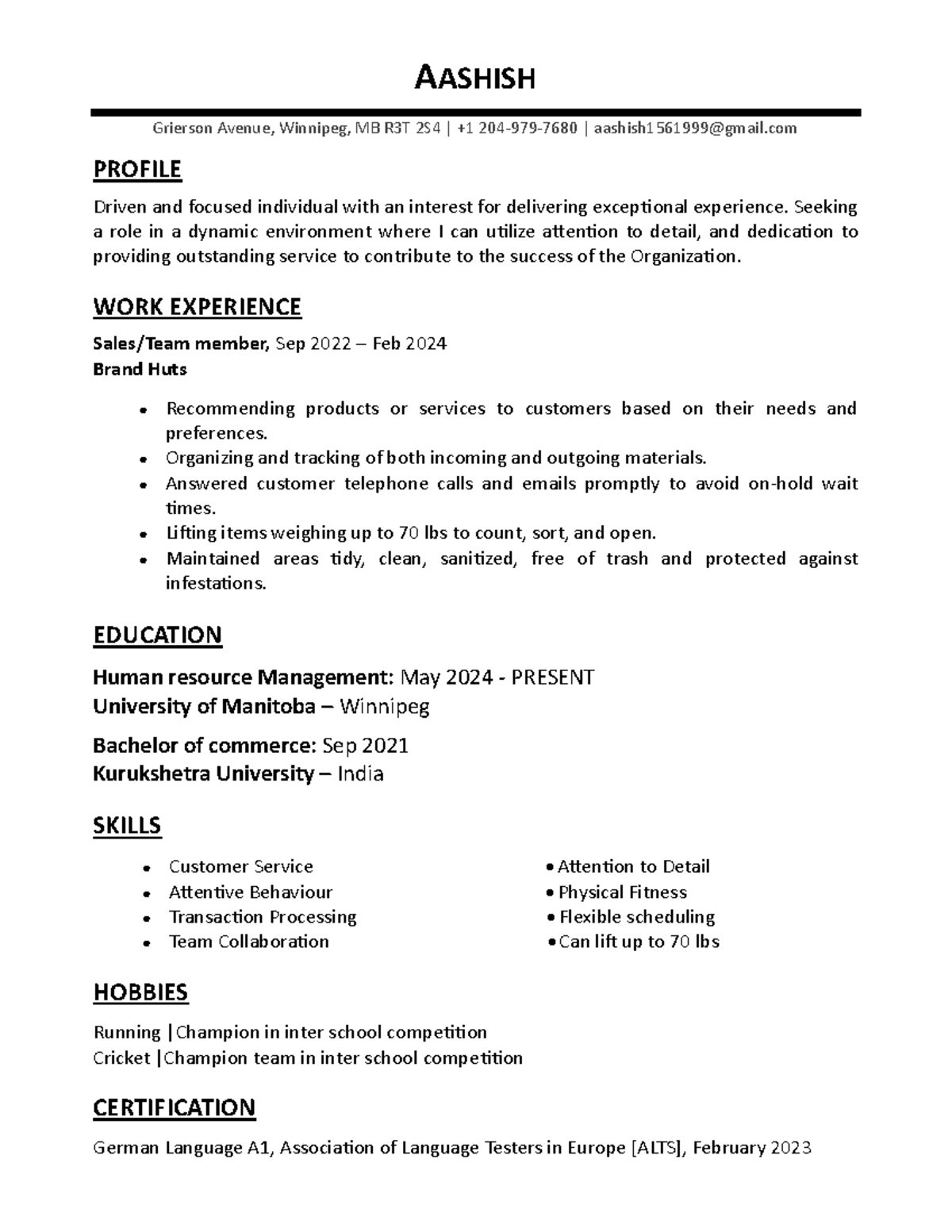 Aashish's resume - Assignment first - AASHISH Grierson Avenue, Winnipeg ...