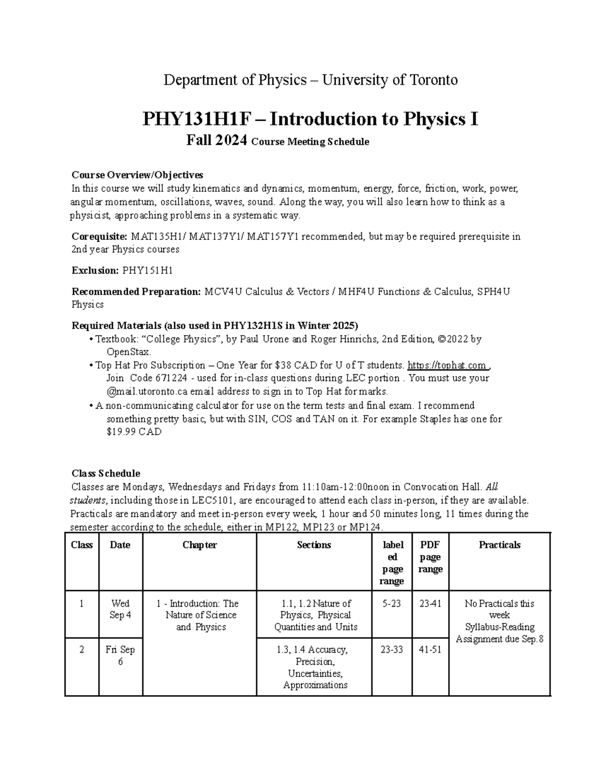 PHY131 Syllabus Fall 2024 - Department of Physics – University of ...