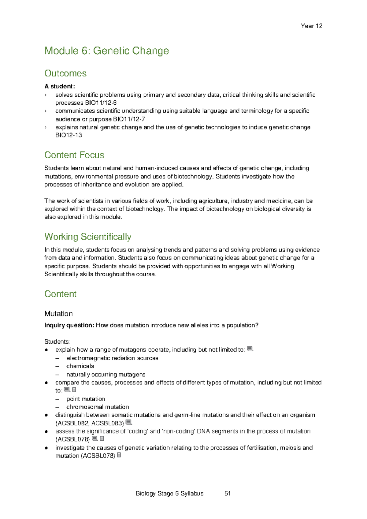 Bio syllabus - module 6 - Year 12 Biology Stage 6 Syllabus 51 Module 6 ...