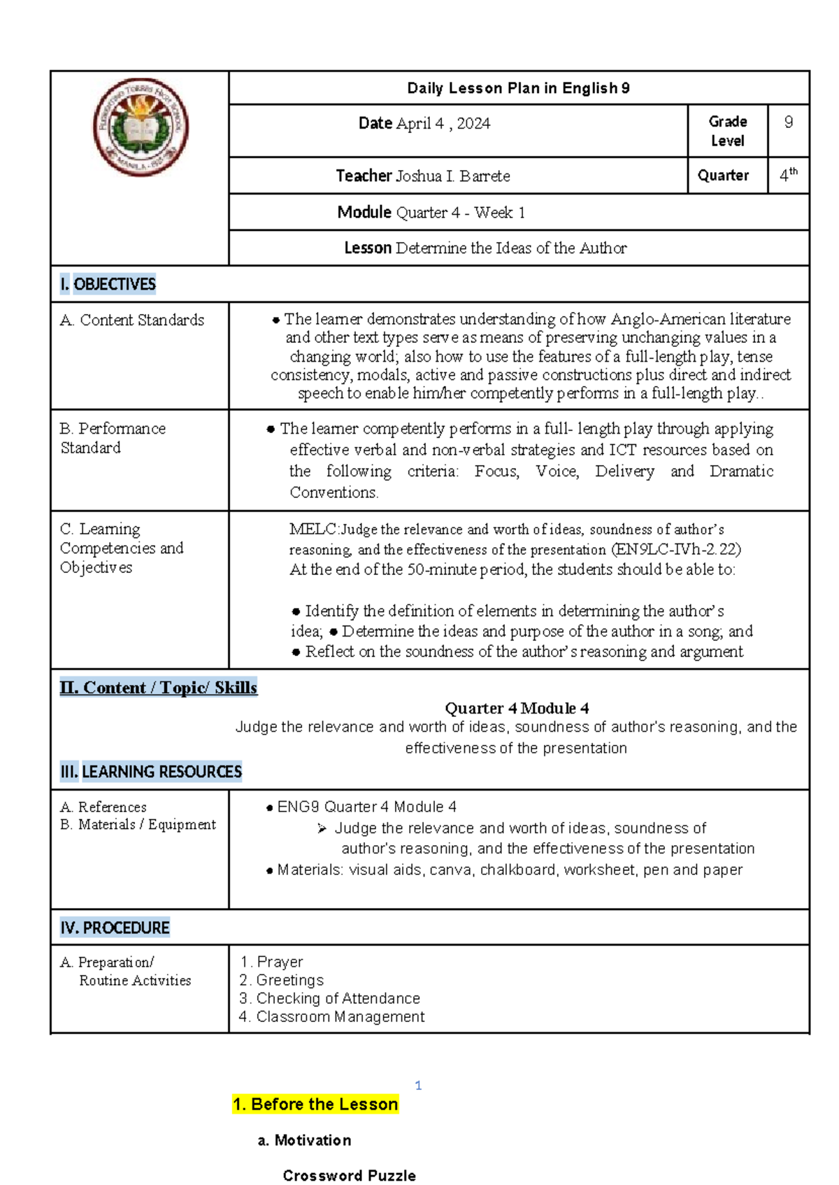 Daily Lesson Plan in English 9 - Barrete Quarter 4 th Module Quarter 4 ...