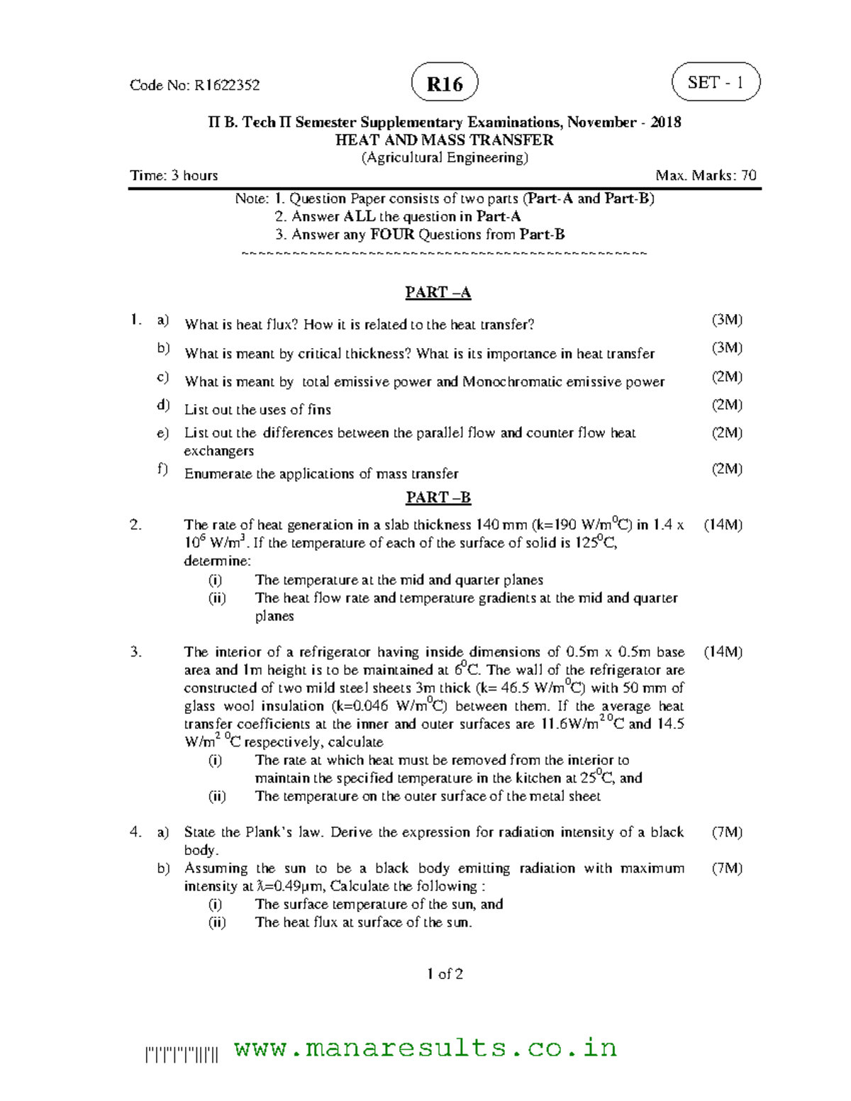 R1622352112018 - Heat Mass and transfer 2018 Sample Question paper