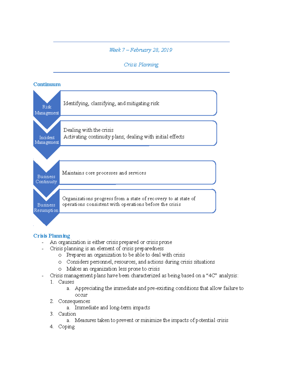 Week 7 - Crisis Planning - Week 7 – February 28, 2019 Crisis Planning ...