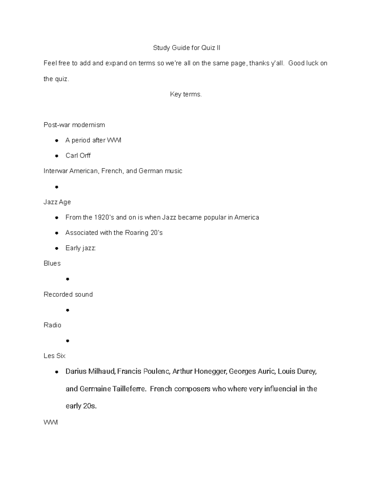 Quiz 2 Study Guide - With this Quiz, you'll already covered Jazz and ...