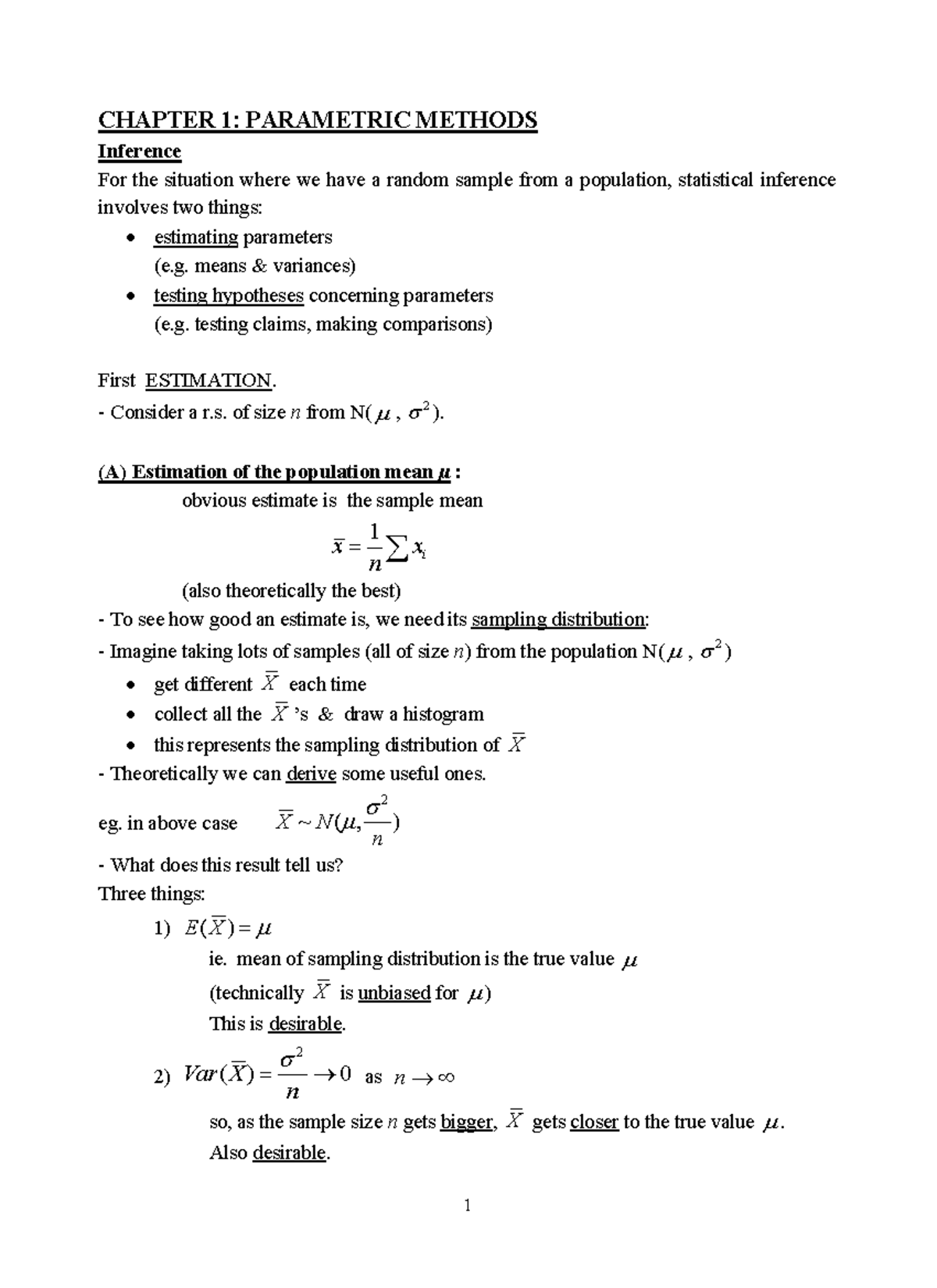 Chapter 1 - Malaysia (notes) - CHAPTER 1: PARAMETRIC METHODS Inference ...