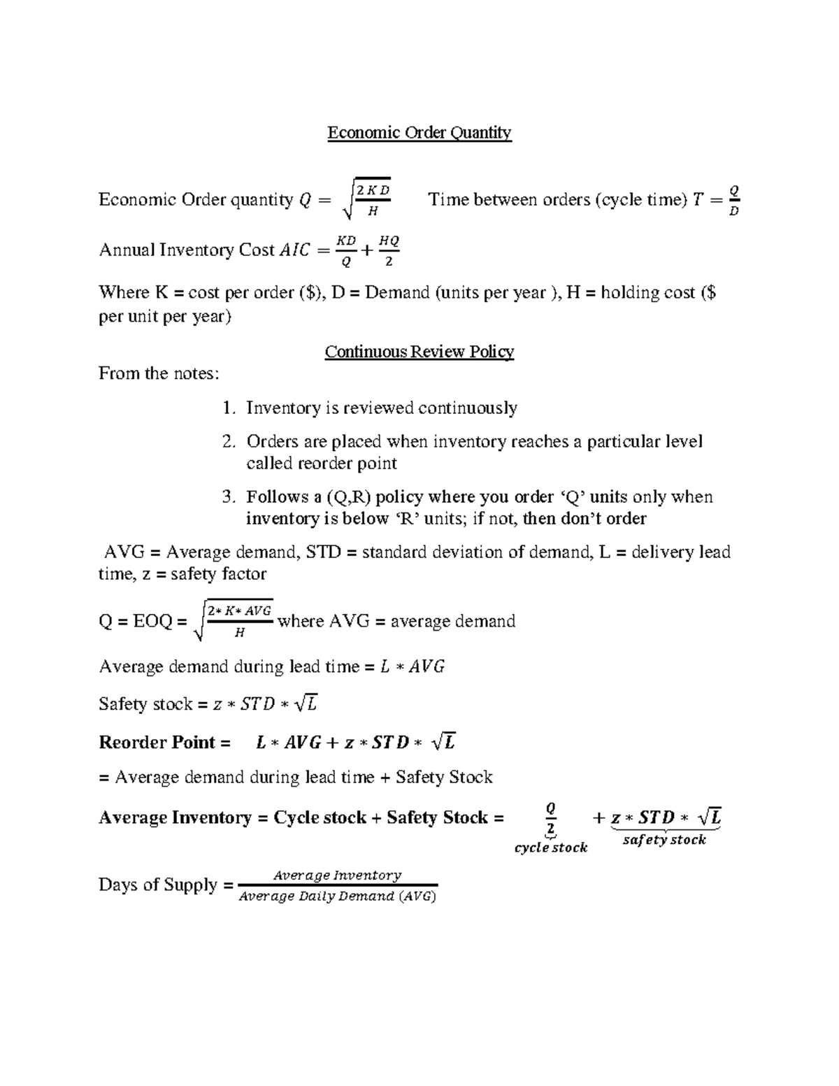 Formula Sheet Exam 1 - Economic Order Quantity Economic Order quantity ...