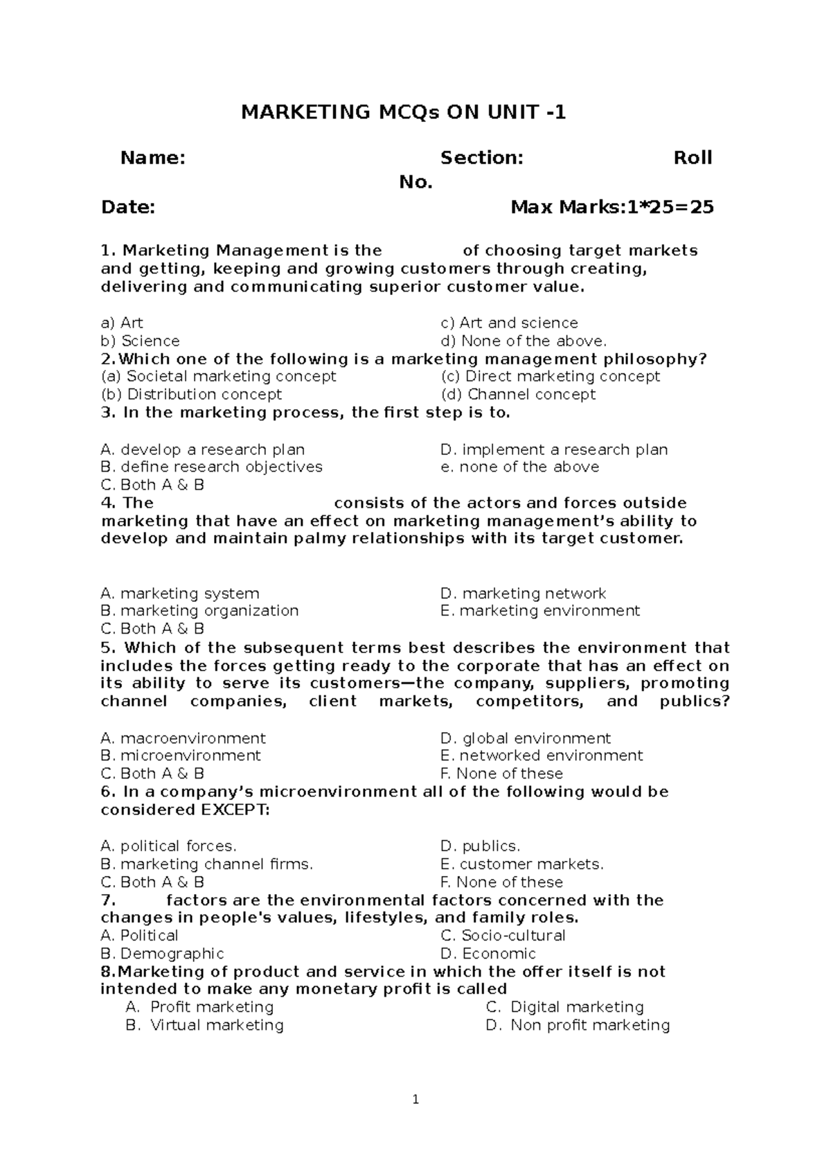 MCQ ON MKT. Print - MARKETING MCQs ON UNIT - Name: Section: Roll No ...