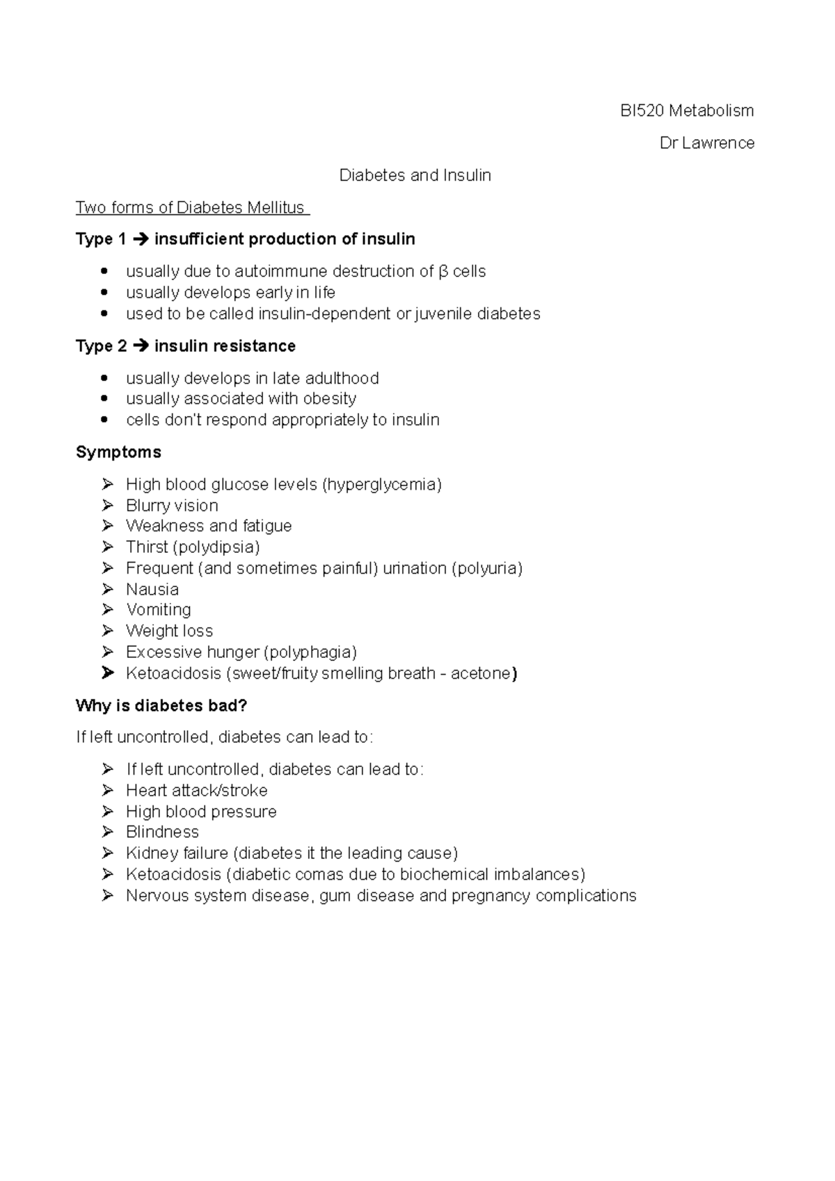 Type 1 diabetes - Lectures notes - BI520 Metabolism Dr Lawrence ...