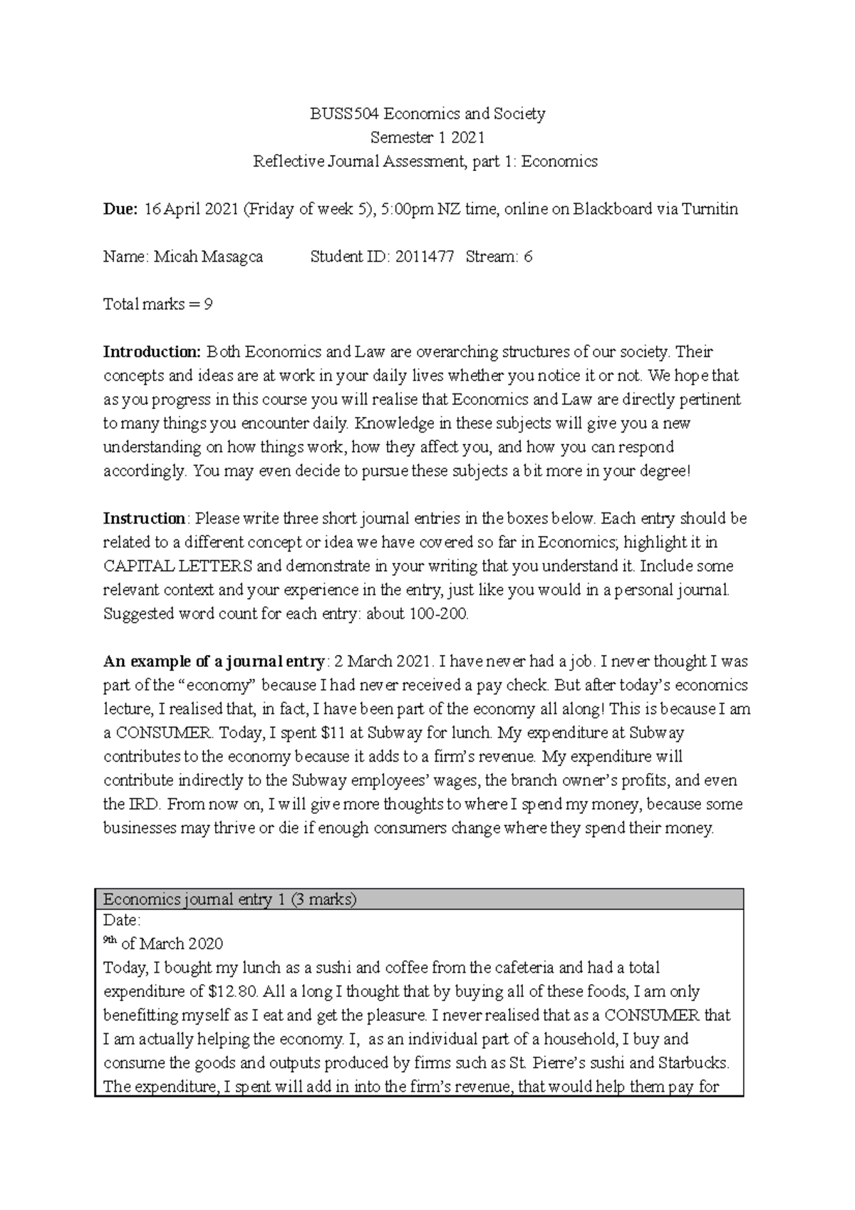 ECON Reflective Journal - BUSS504 Economics and Society Semester 1 2021 ...