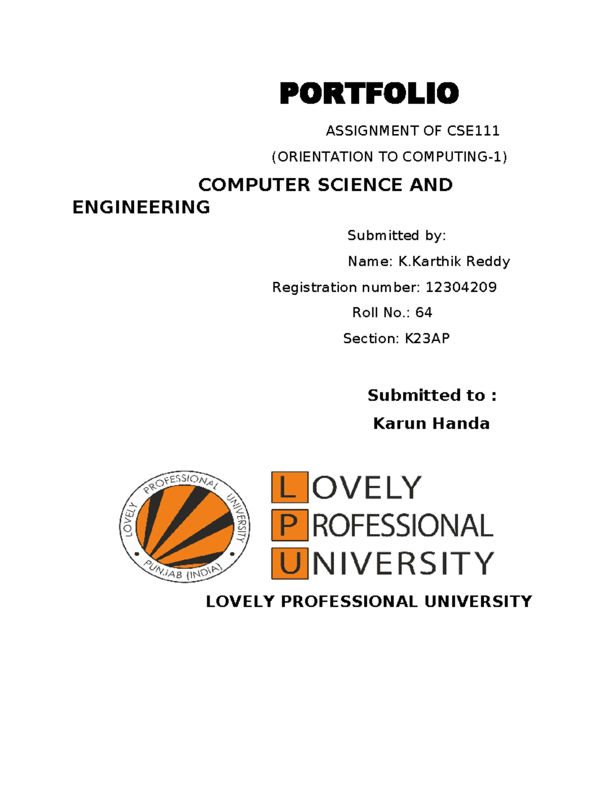 CA 03 of CSE111 Portfolio format - PORTFOLIO ASSIGNMENT OF CSE (ORIENTATION TO COMPUTING-1 ...