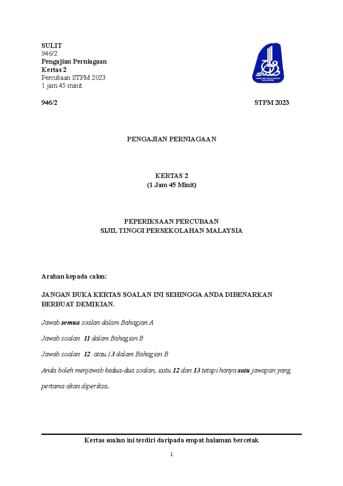 Percubaan S2 STPM 2023 Set 2 Kel - SULIT 946/ Pengajian Perniagaan ...