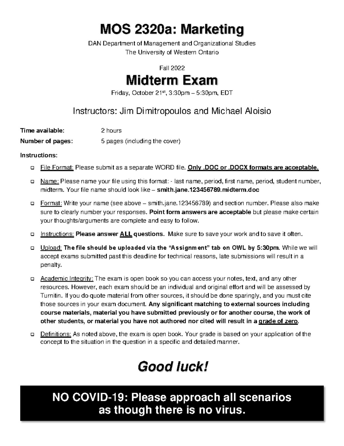 MOS 2320 a Fall 2022 Midterm Exam - 21 October 2022 - 330pm-530pm - MOS ...