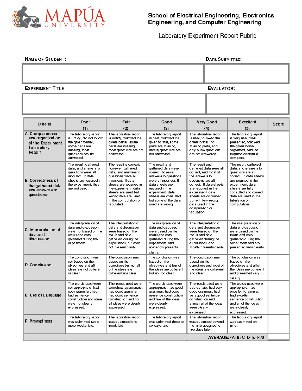 Laboratory Experiment Report Rubric - School of Electrical Engineering ...