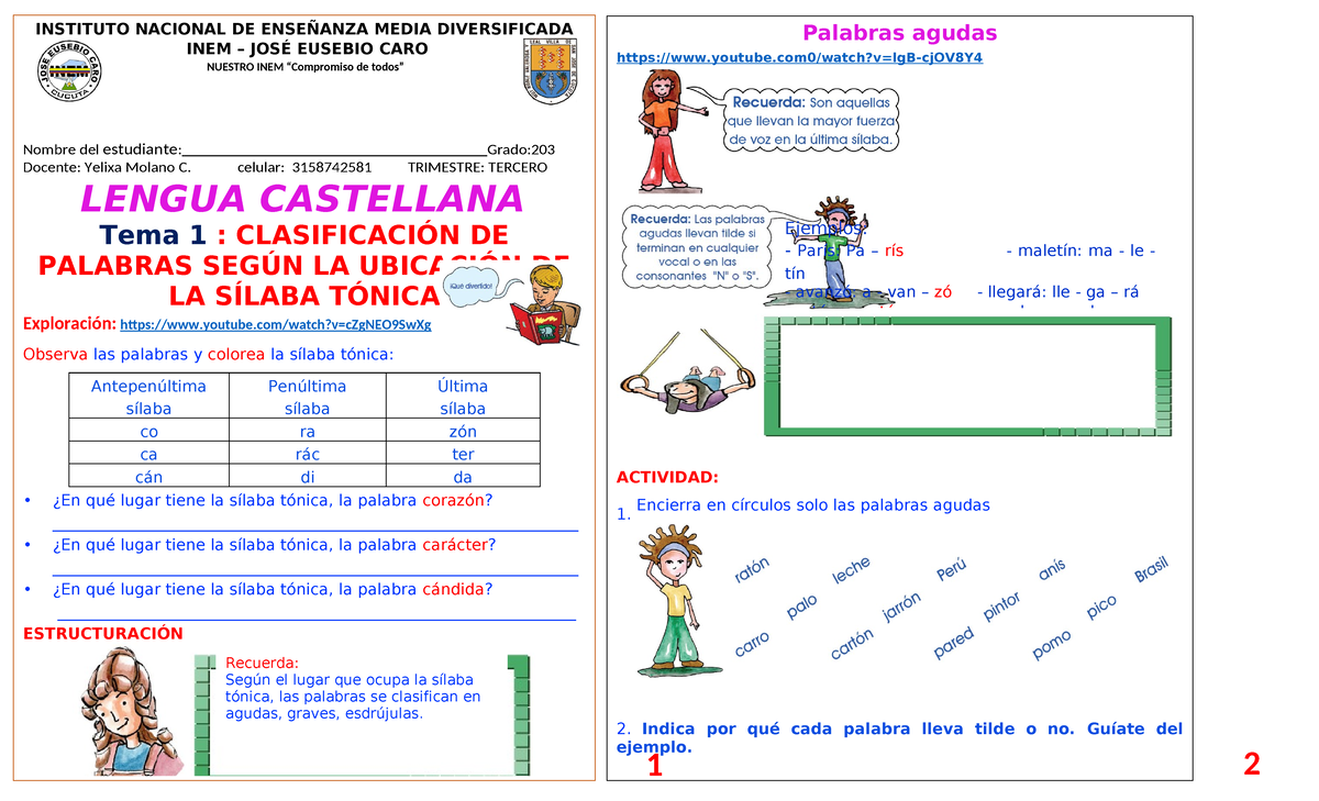 Guias 8 Lengua Castellana Clasificacion DE LA Palabras Segun Ubicacion ...