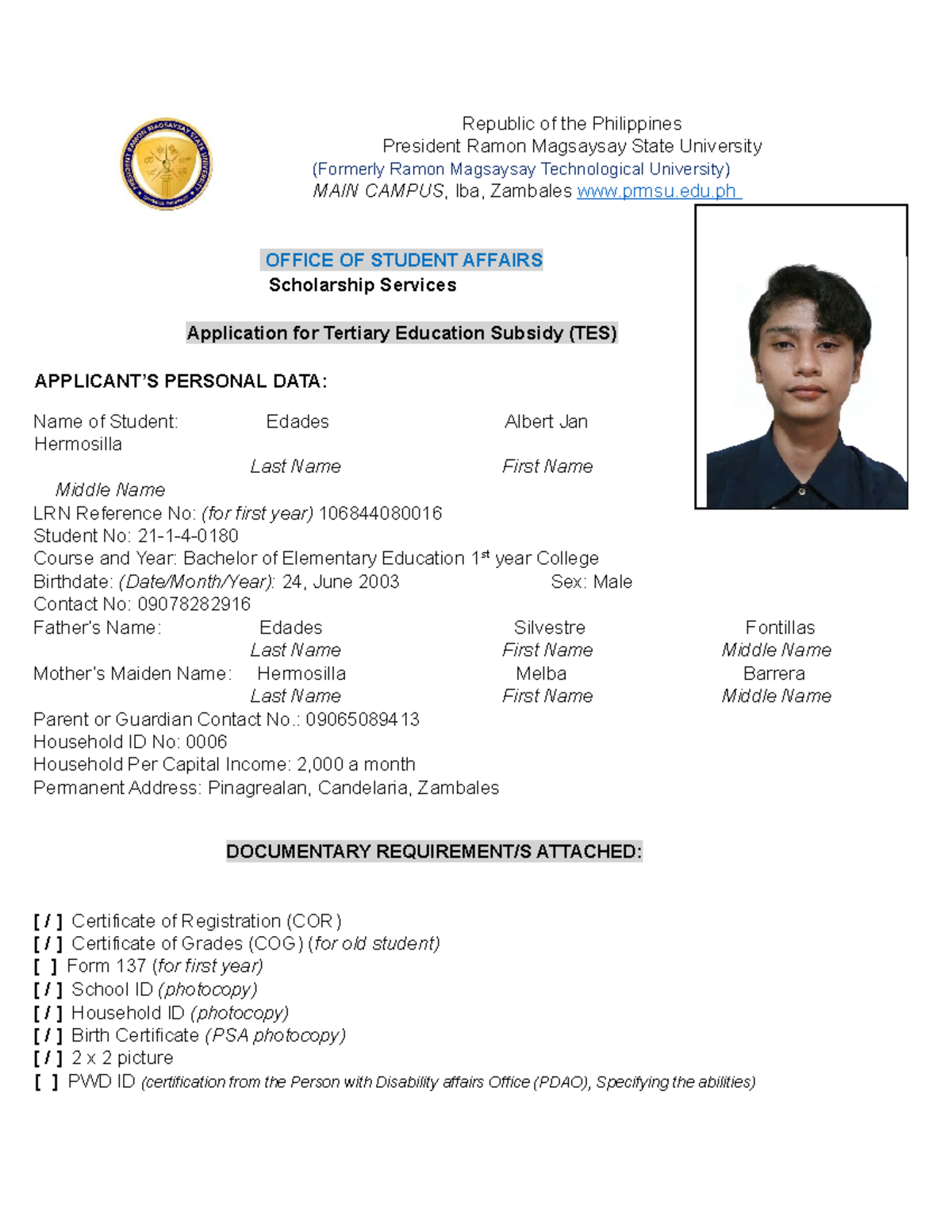 TES- Application-FORM - Republic of the Philippines President Ramon ...