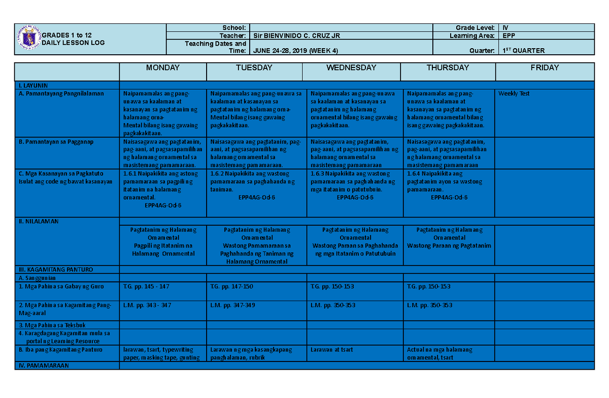 DLL EPP 4 Q1 W4 - for daily lesson - GRADES 1 to 12 DAILY LESSON LOG ...