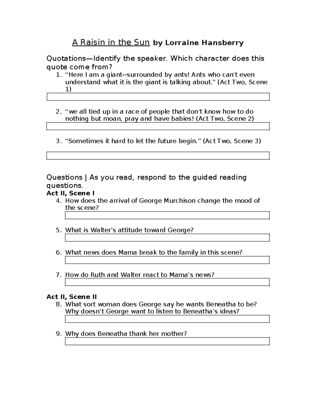 Raisin in the Sun ACT2 Guided Reading Questions - A Raisin in the Sun ...