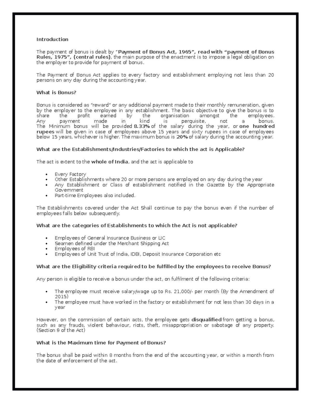 Paymt of Bonus Act - Introduction The payment of bonus is dealt by ...