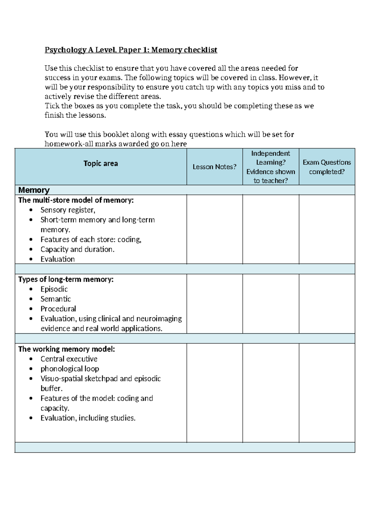 Checklist for memory - Psychology A Level, Paper 1: Memory checklist ...