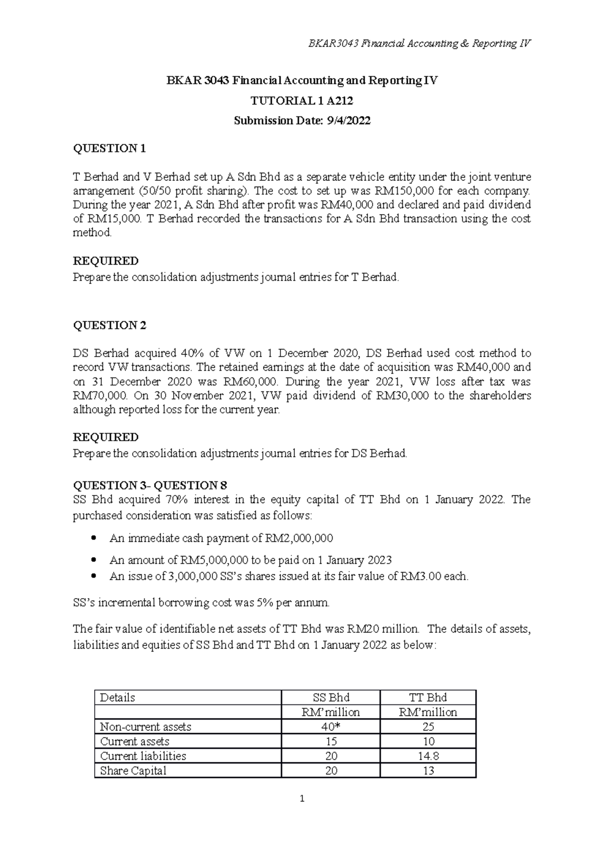 Tutorial 1 A212 Question - BKAR3043 Financial Accounting & Reporting IV ...