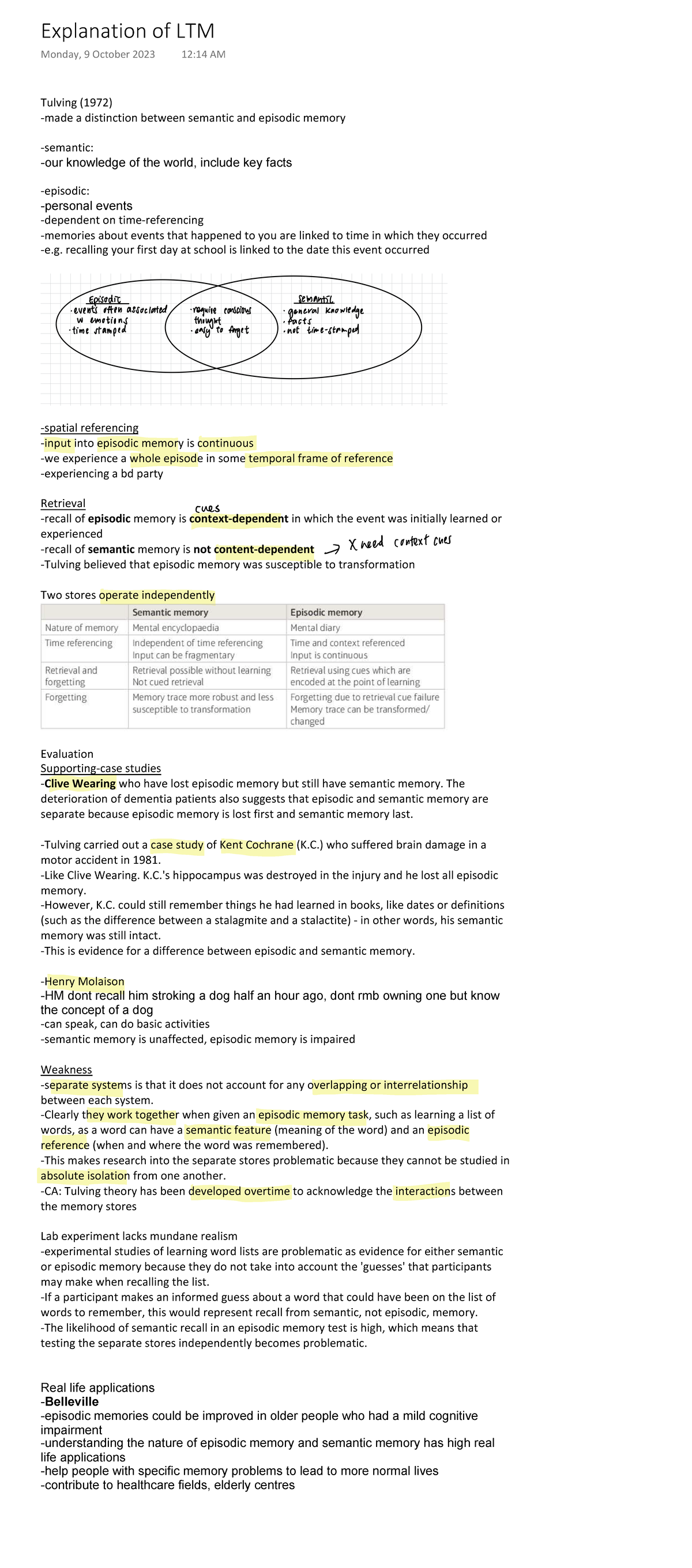 Explanation of LTM - a level psychology - Tulving (1972) made a ...