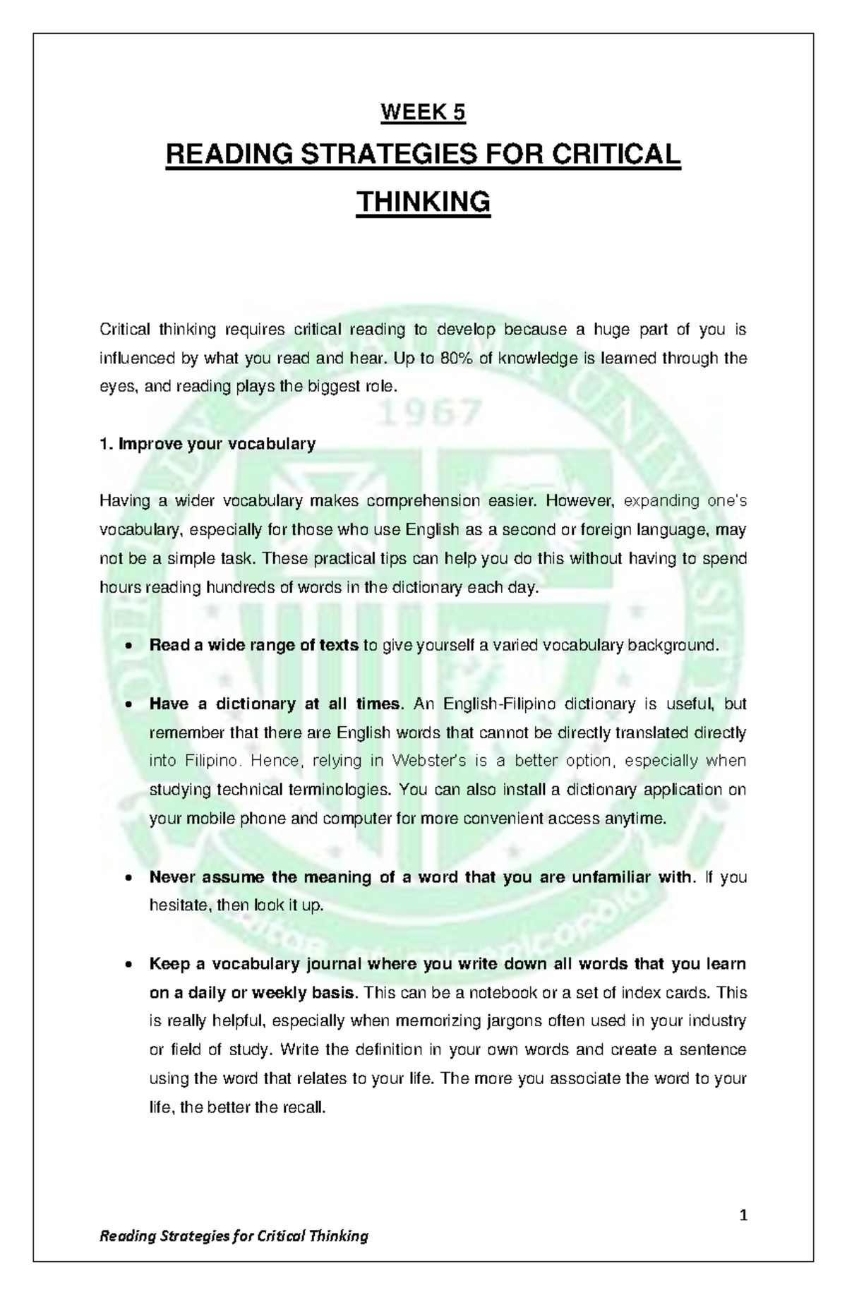 Week 5 - Reading Strategies FOR Critical Thinking - 1 WEEK 5 READING ...