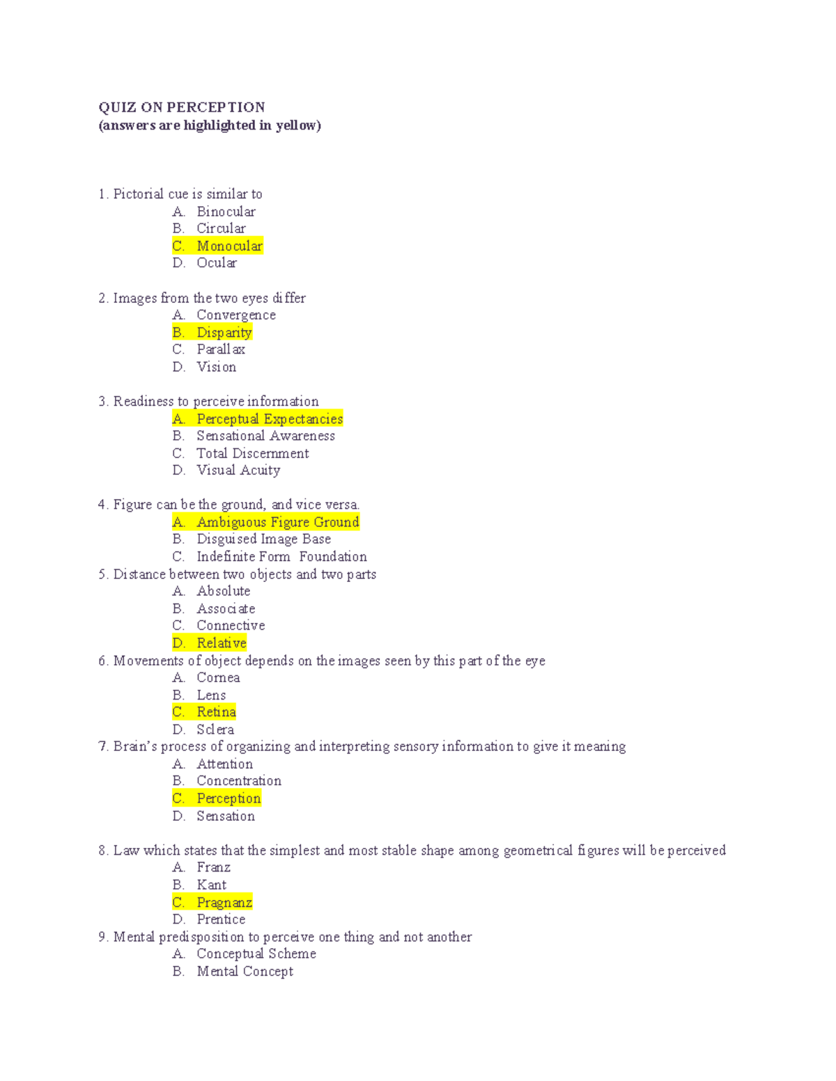QUIZ ON Perception - QUIZ ON PERCEPTION (answers are highlighted in ...