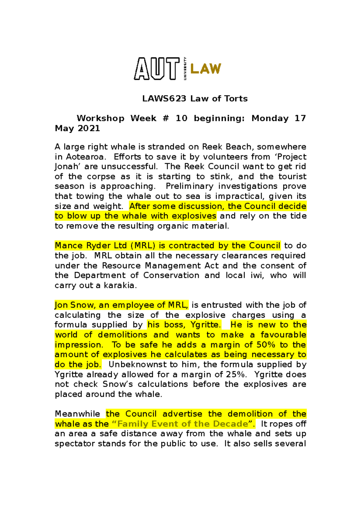 10 Torts 2021 - week ten workshop - LAWS623 Law of Torts Workshop Week # 10 beginning: Monday 17 ...