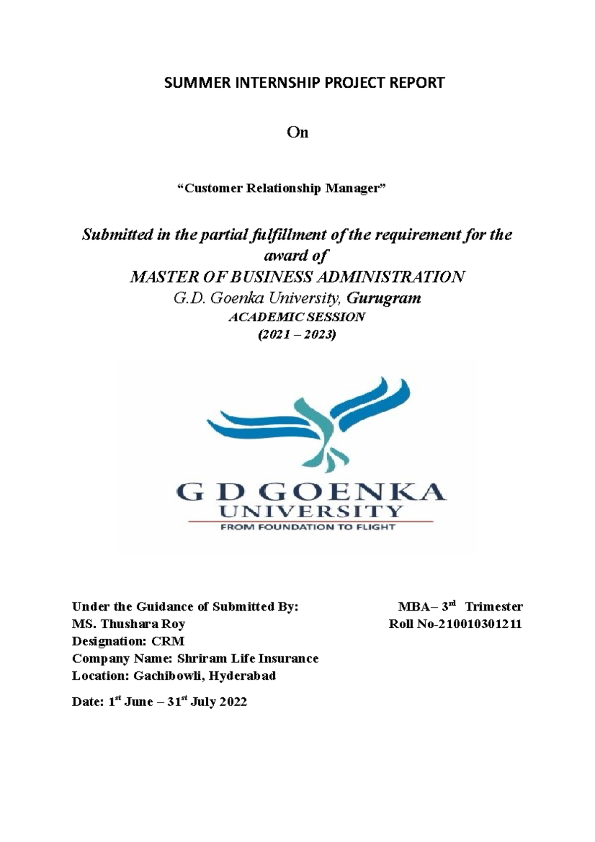 Sample - Summer Internship Project Report Format(Work Experience) (1 ...