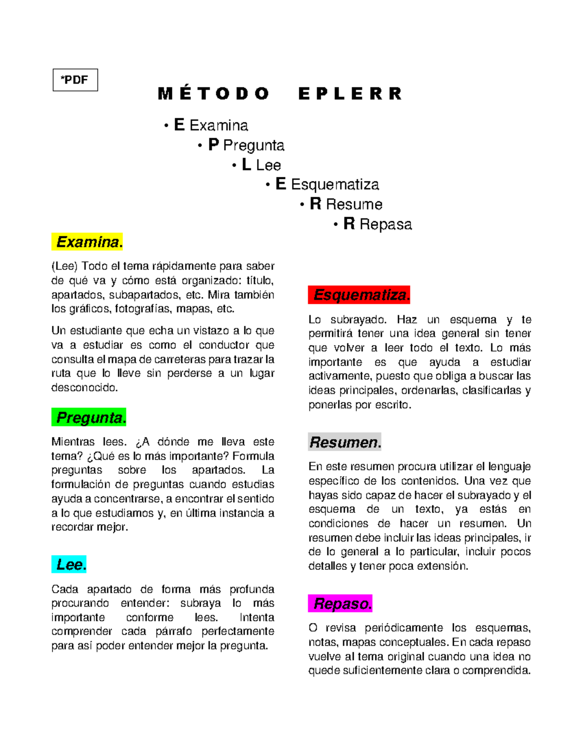 Método E P L E R R - M É T O D O E P L E R R E Examina P Pregunta L Lee ...