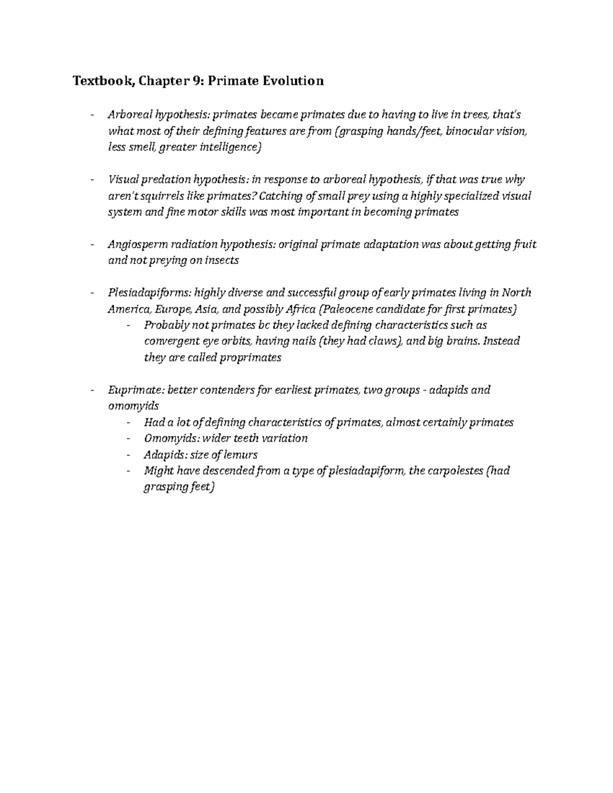 Reading Notes - Chapter 9 - Textbook, Chapter 9: Primate Evolution ...