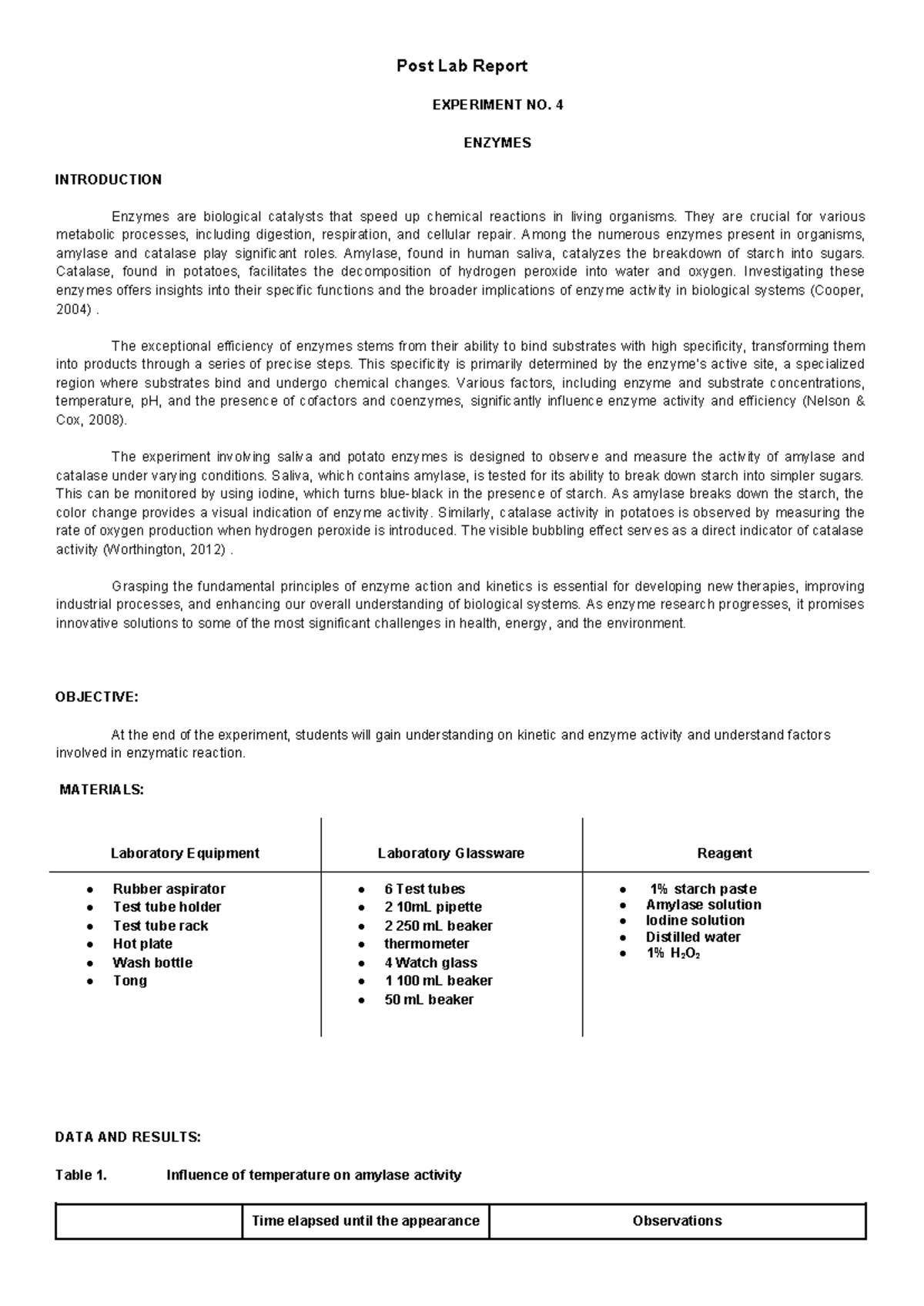 Post Lab Report 4 Enzymes - Post Lab Report EXPERIMENT NO. 4 ENZYMES INTRODUCTION Enzymes are ...