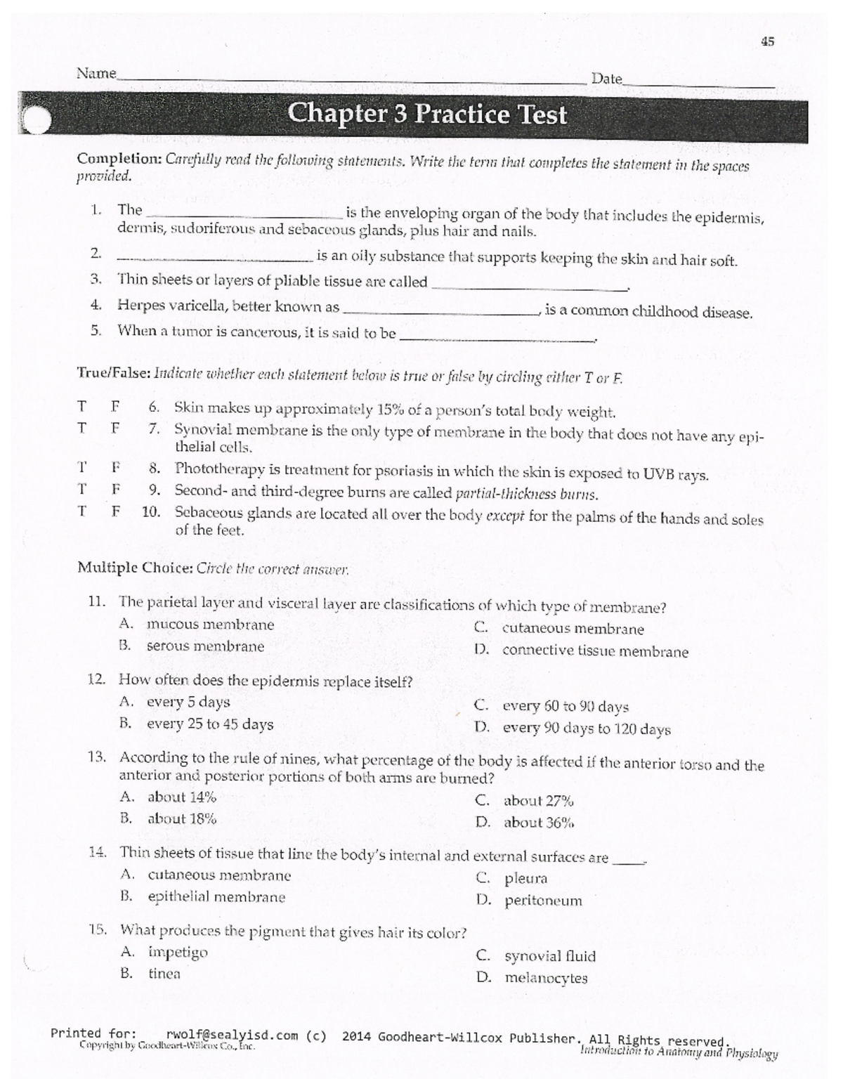 Chapter 3 Integumentary System Practice Test - anatomie pathologique ...