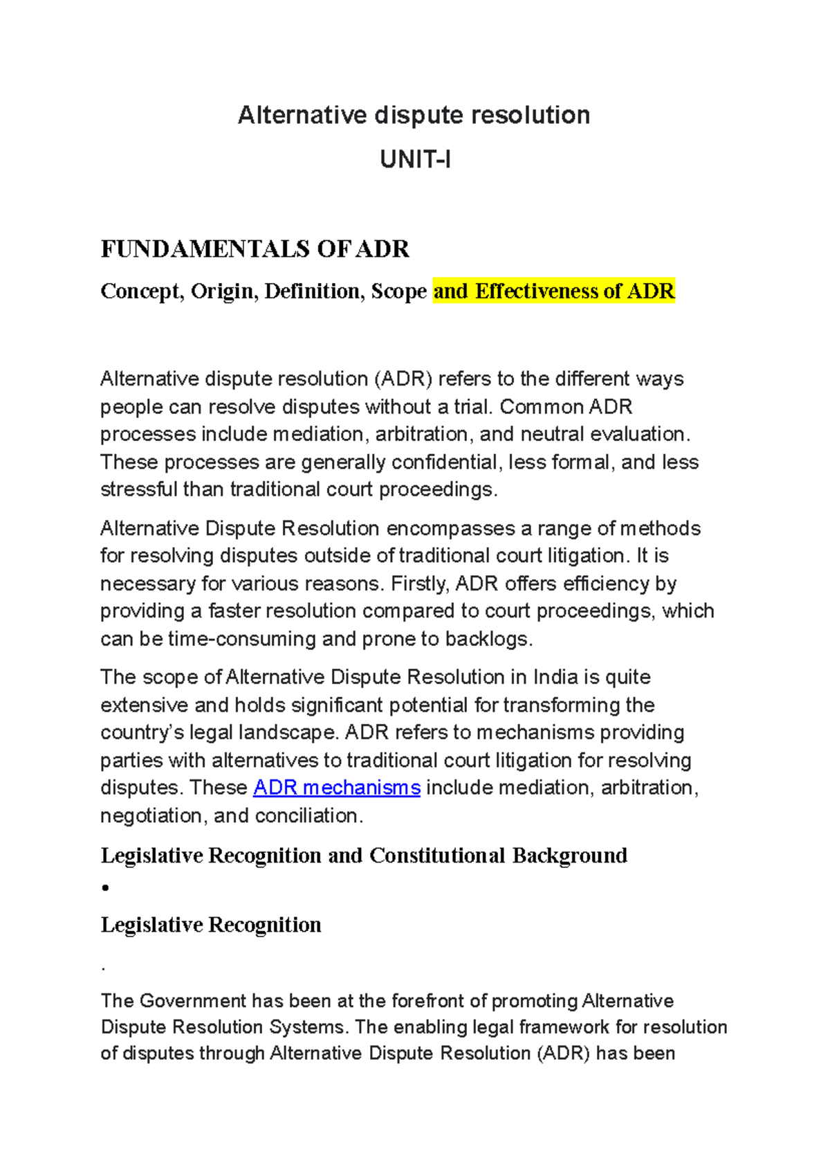 Alternate Dispute Resolution Basics - Alternative dispute resolution UNIT-I FUNDAMENTALS OF ADR ...