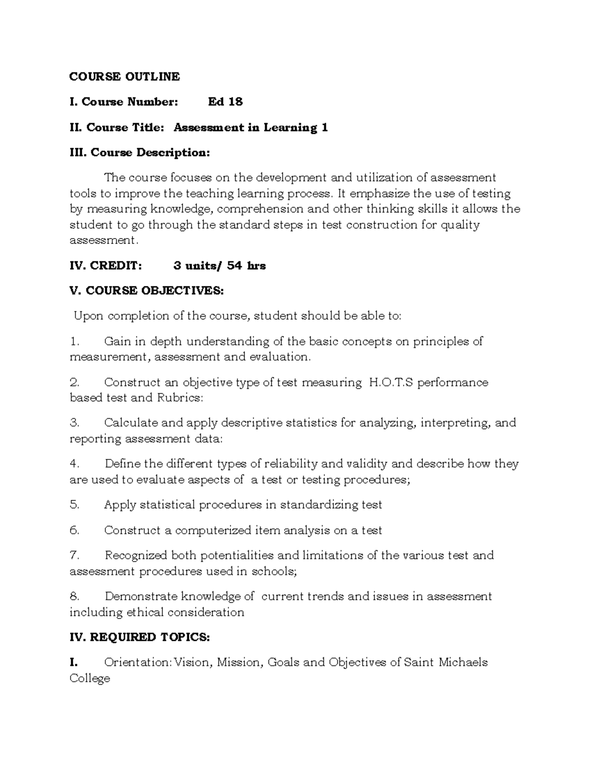 Pdfcoffee - LECTURE NOTES - COURSE OUTLINE I. Course Number: Ed 18 II ...