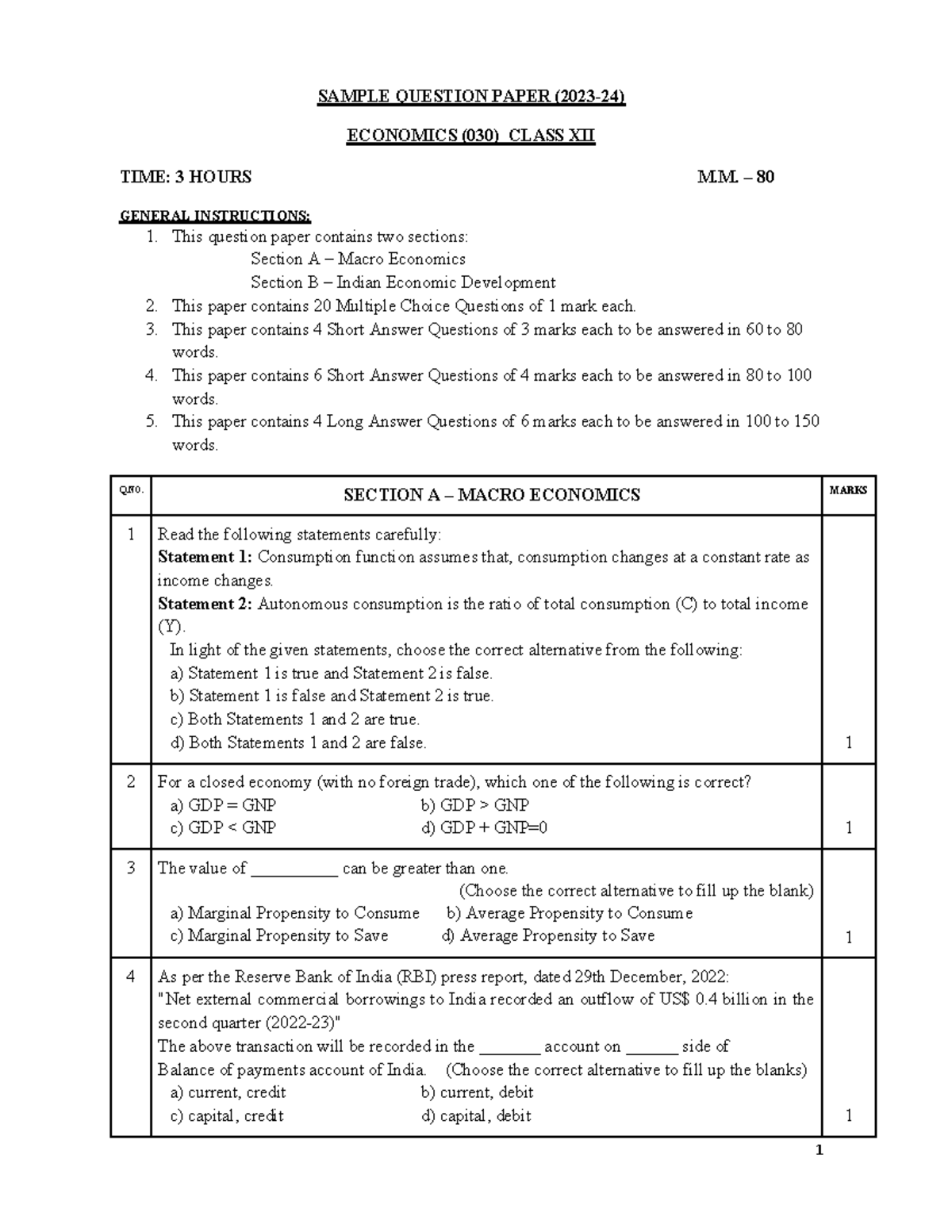 Economics Sample Paper AND Marking Scheme - SAMPLE QUESTION PAPER (2023 ...