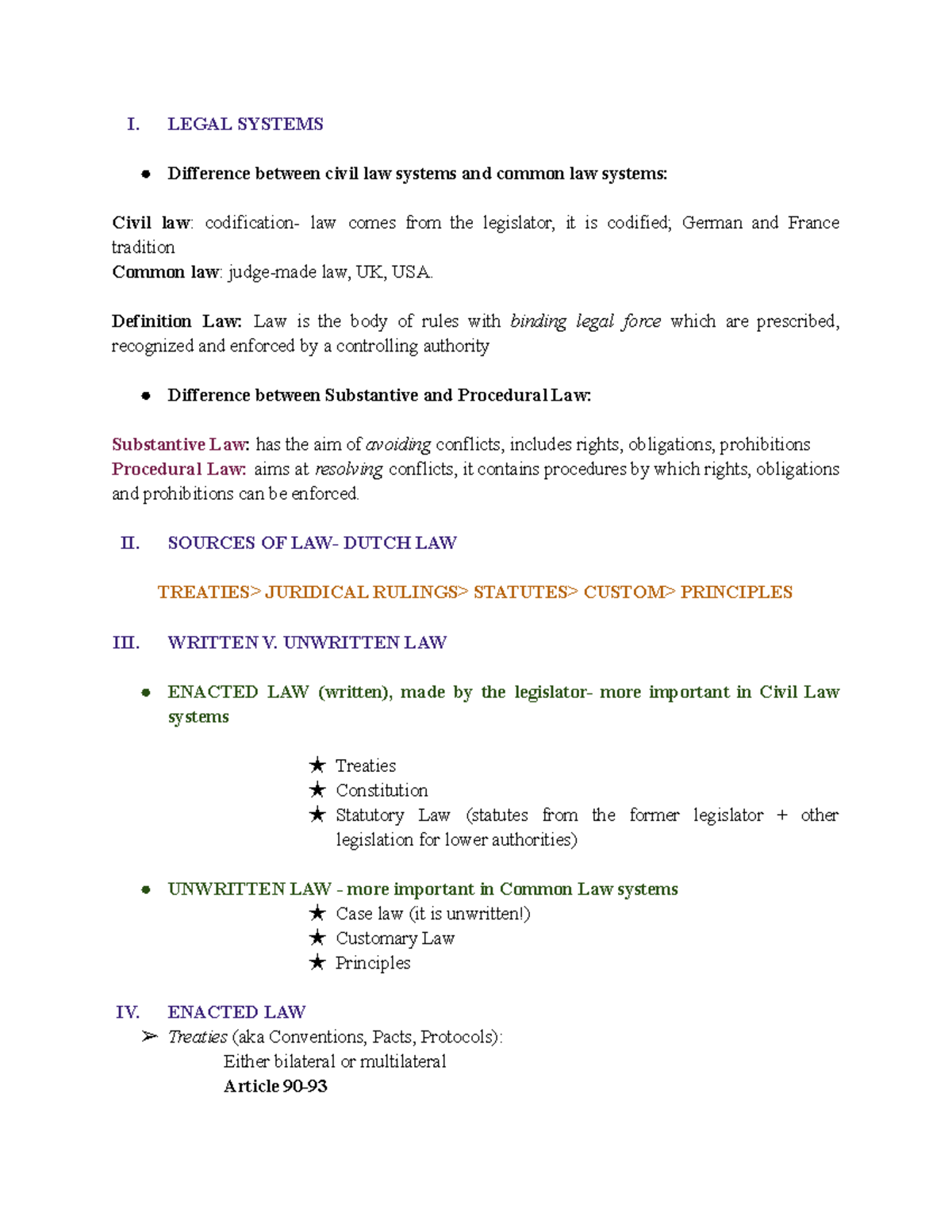 WEEK 1- Introduction TO LAW - I. LEGAL SYSTEMS Difference between civil law systems and common ...