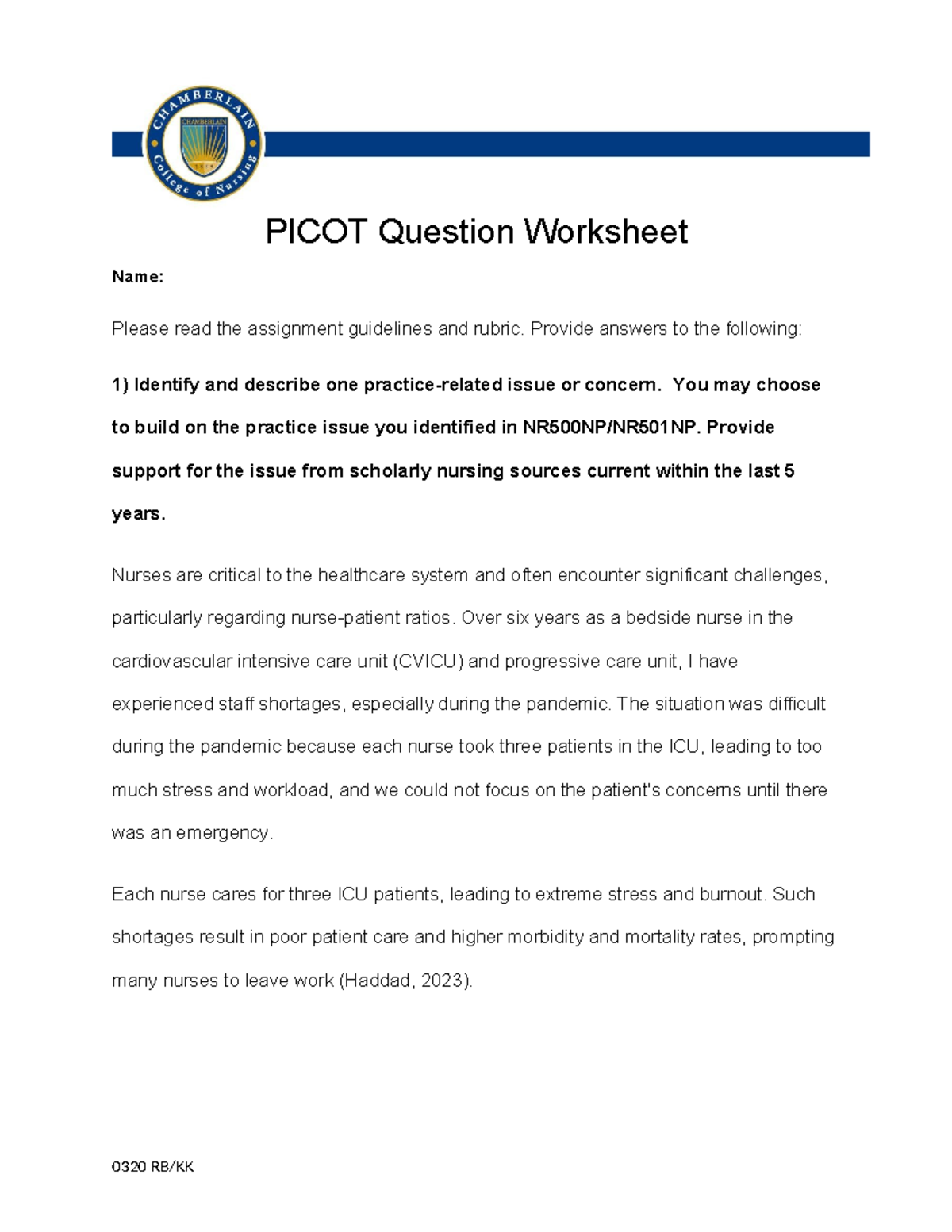 NR505NP Picot Question Worksheet 051220 - PICOT Question Worksheet Name ...