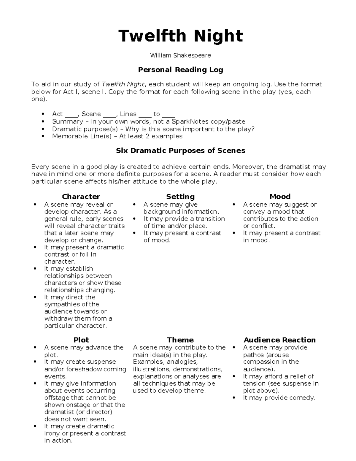 Twelfth Night Handouts - Twelfth Night William Shakespeare Personal ...