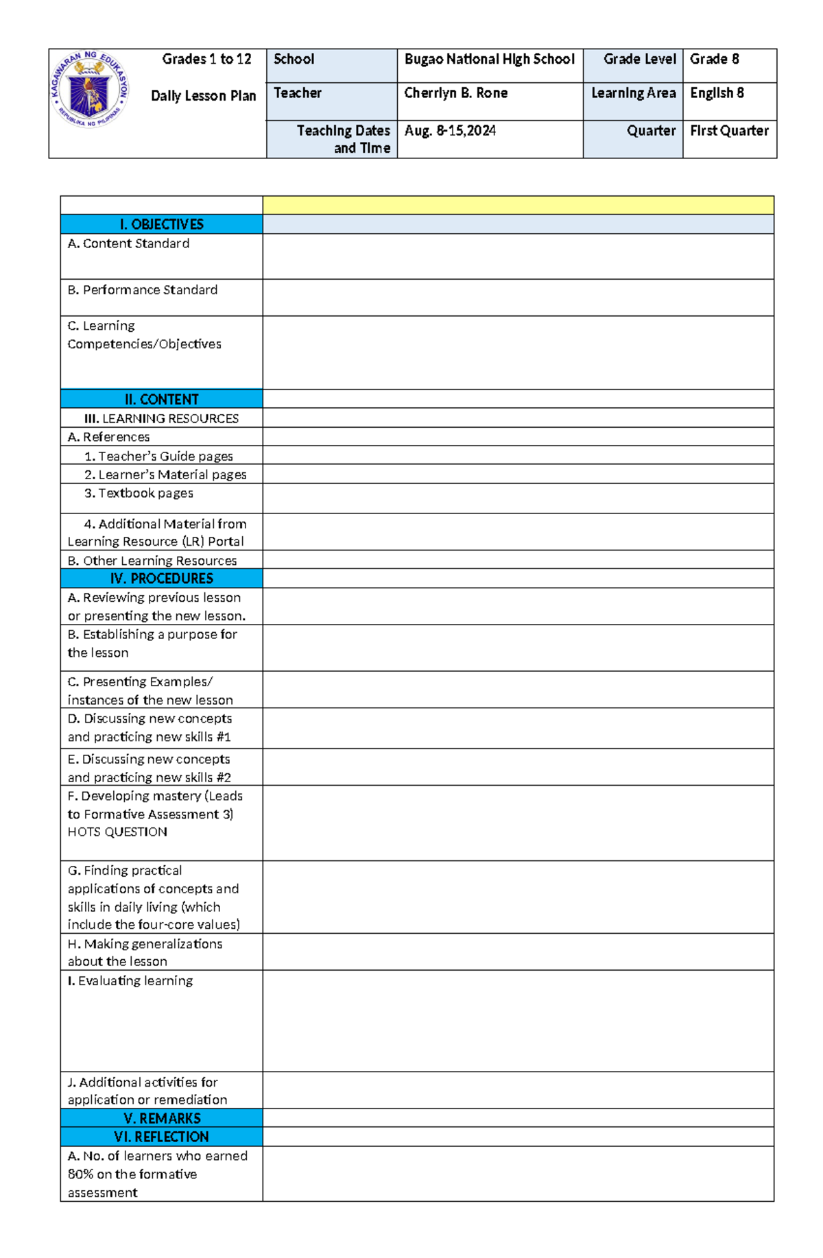 DLP Format - Grades 1 to 12 Daily Lesson Plan School Bugao National ...