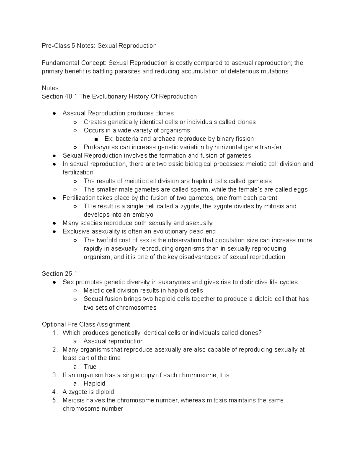 Pre-Class 5 Notes Sexual Reproduction - Pre-Class 5 Notes: Sexual ...
