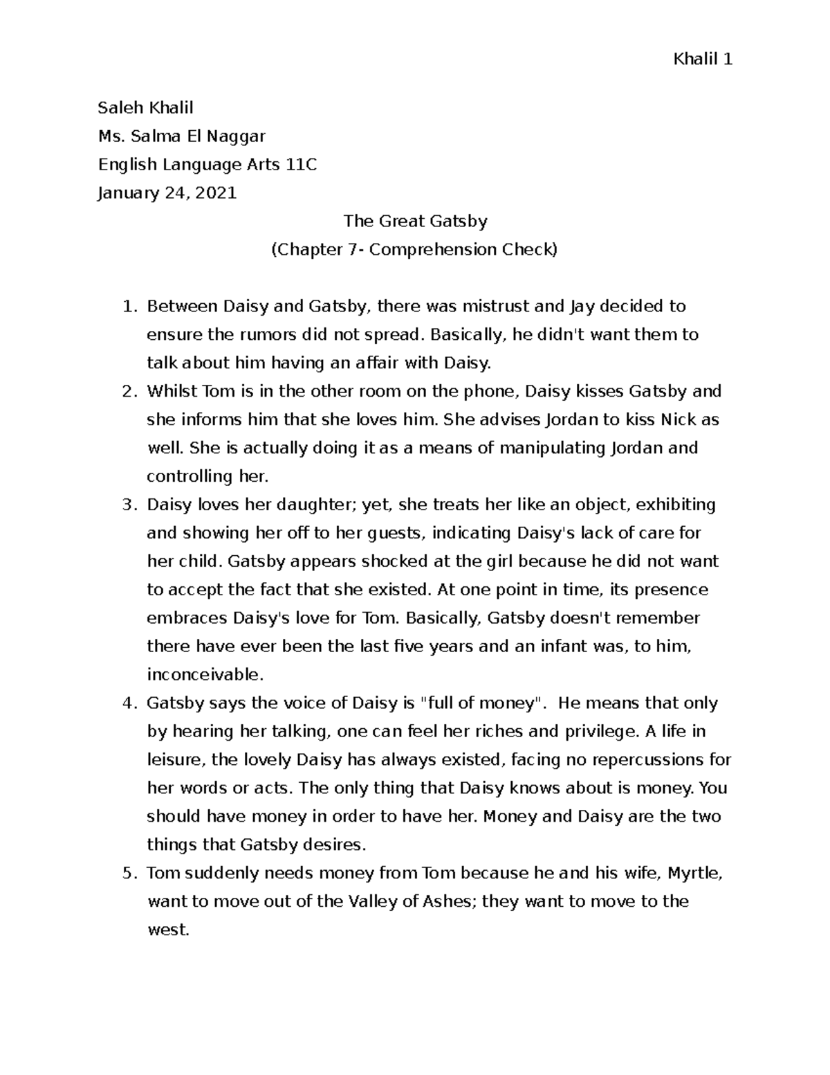 (Chapter 7- Comprehension Check)S - Khalil 1 Saleh Khalil Ms. Salma El ...