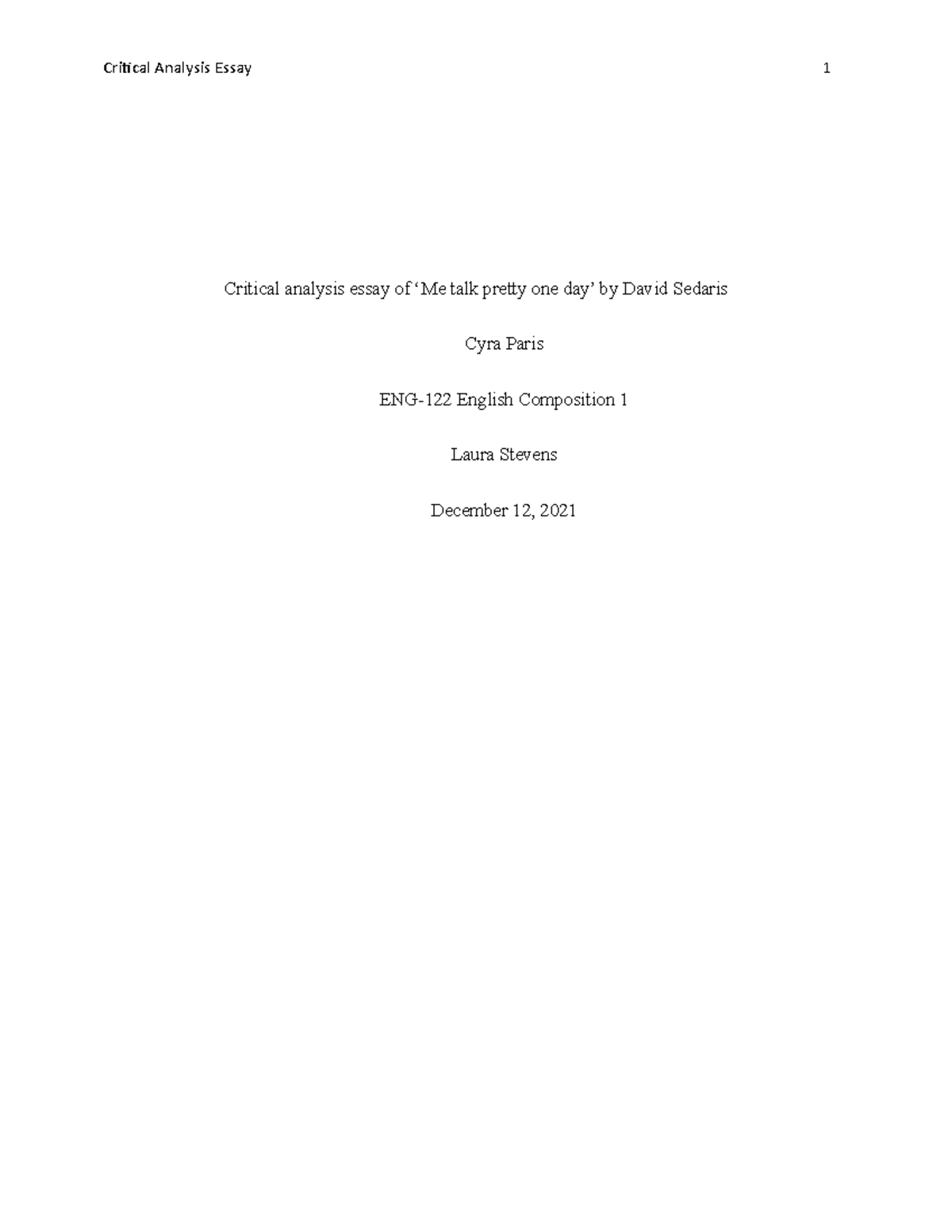 Critical Analysis Essay - Sedaris uses humor and sarcasm to bring ...