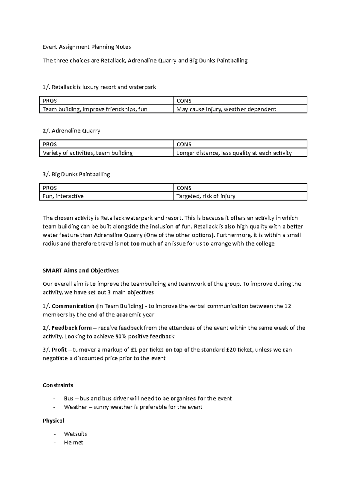 Event Evaluation Notes - Event Assignment Planning Notes The three ...