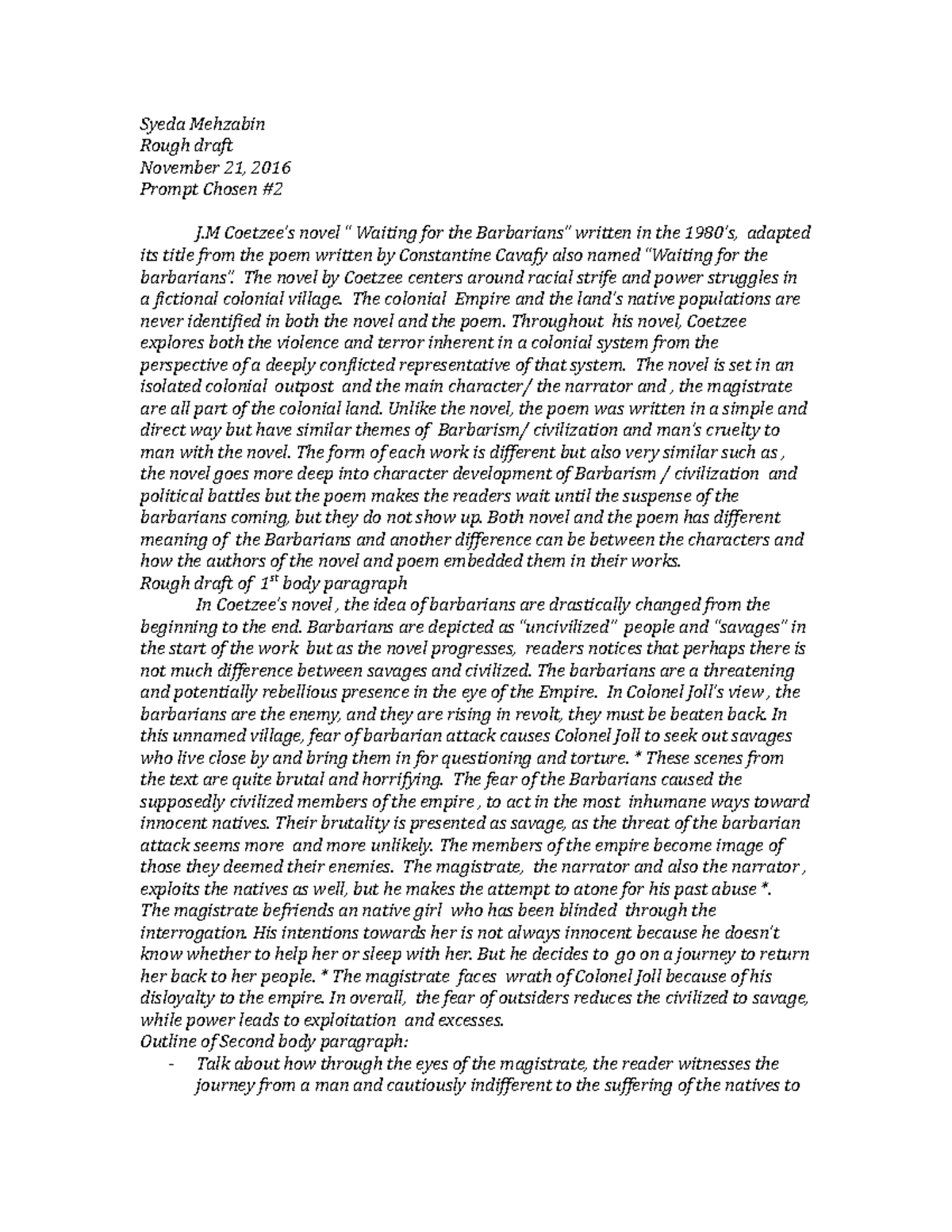 English paper 220 - Syeda Mehzabin Rough draft November 21, 2016 Prompt ...